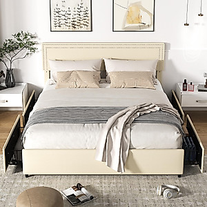 Queen Bed Frame with 4 Storage Drawers, Modern BedFrame with Rivet Adjustable Headboard, Platform Mattress Foundation, Metal Frame Structure with Wooden Slats Support, No Box Spring Needed, Beige