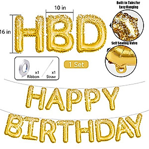 PartyWoo Happy Birthday Balloon Banner, 16 inch Gold Happy Birthday Sign, Mylar Foil Birthday Balloon, Inflatable Hanging Letter Kit for Gold Birthday Decorations