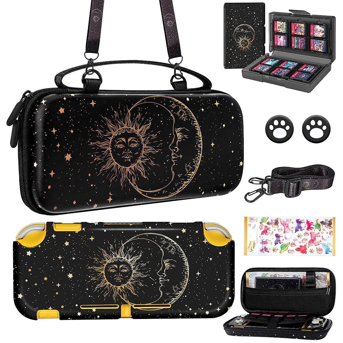 Gurgitat 7in1 Sun Moon Witchy Switch Lite Case for Nintendo Switch Lite Carrying Cases Girly Protective Cover Dockable Skin+Thumb Grips+Game Holder+Shoulder Strap+Sticker for Switch Lite Travel Case