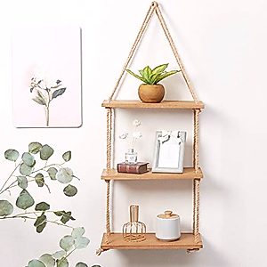 SAND MINE 3 Tier Wood Hanging Shelf, Floating Wall Swing Storage Shelves, Jute Rope Organizer Rack, Wall Shelf Plant Shelf Rope Shelf Storage Shelf Swing Shelf Floating Shelves Handmade Shelves