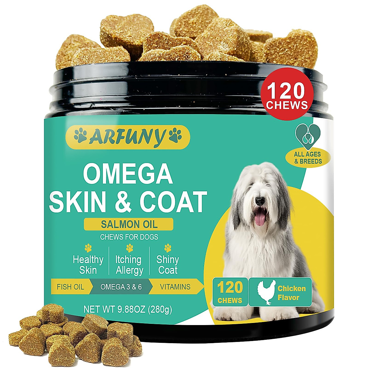Skin and Coat Chews for Dogs - Omega 3 Supplement for Dogs with EPA & DHA Fatty Acids- Fish Oil Chews for Dogs with Salmon Oil & Vitamins - Dog Itchy, Dry & Shedding Skin Relief- Chicken, 120 Chews