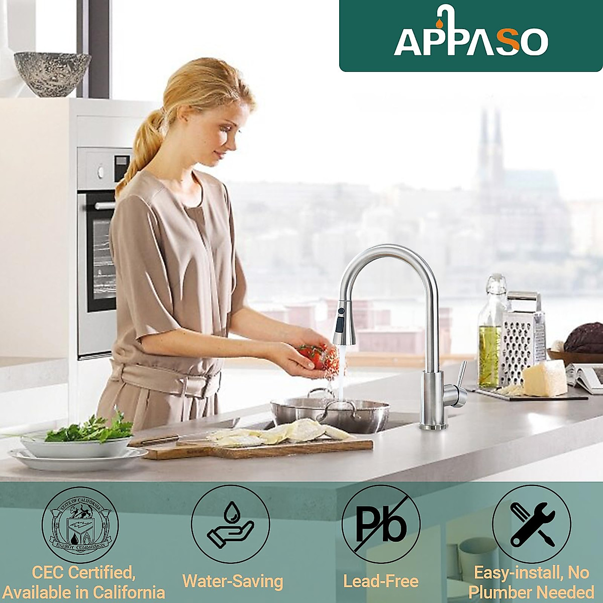 APPASO Kitchen Faucet with Soap Dispenser, Brushed Nickel Kitchen Faucet with Pull Down Sprayer (3 Modes), 304 Stainless Steel High Arc 360 Degree Swivel Single Handle Faucet for Kitchen Sink