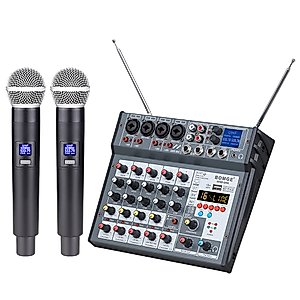 BOMGE 6 channel Audio DJ Console Mixer with Dua UHF Wireless Microphone,USB, Bluetooth, 48V phantom,16 Echo/Delay for Home Studio Recording DJ Network Live Karaoke PC Guitar