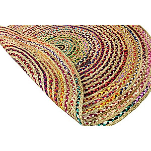 COTTON CRAFT Jute Chindi Braid Rag Rug - Boho Farmhouse Rustic Area Accent Throw Rug - Handwoven Reversible Natural Recycled Cotton - Living Room Den Study Home Décor Gift - 4 Feet Round - Multi Color