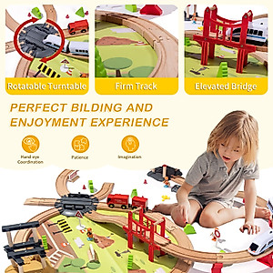 TUKELER Wooden Train Set for Toddler 104pcs, Themed Urban Engineering Train Track Toys for Aged 3+, Double Sided Wooden Train Track, Compatible with Thomas, Brio, Chuggington, Melissa and Doug
