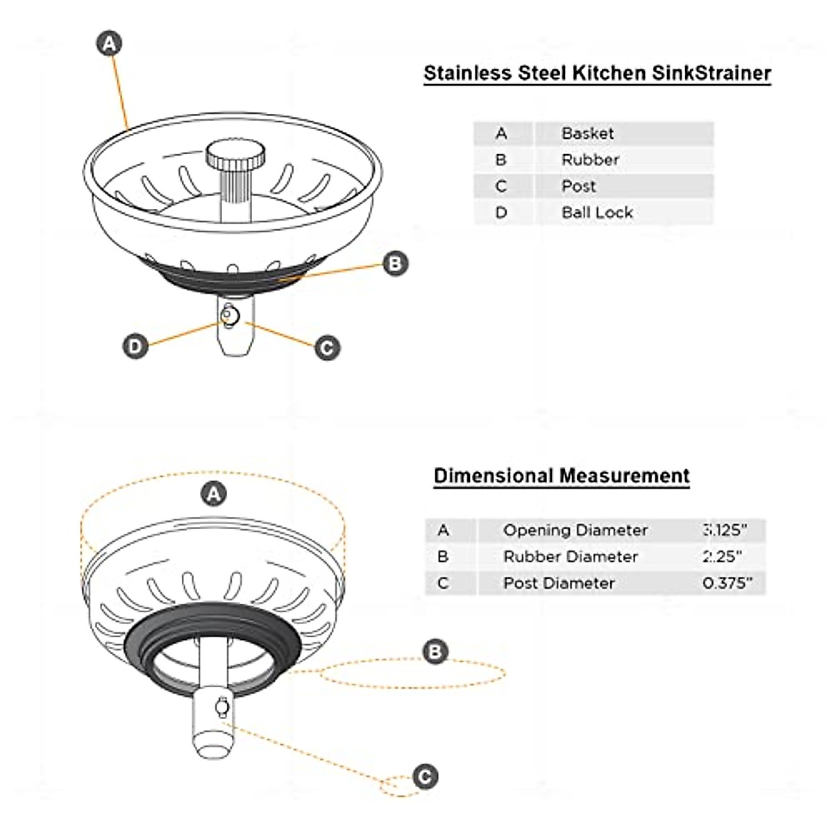 Highcraft 9754JO Stainless Steel Kitchen Sink Strainer Basket-Replacement for Standard Drains (3-1/4 Inch) -Ball-lock Rubber Stopper, 3-1/2