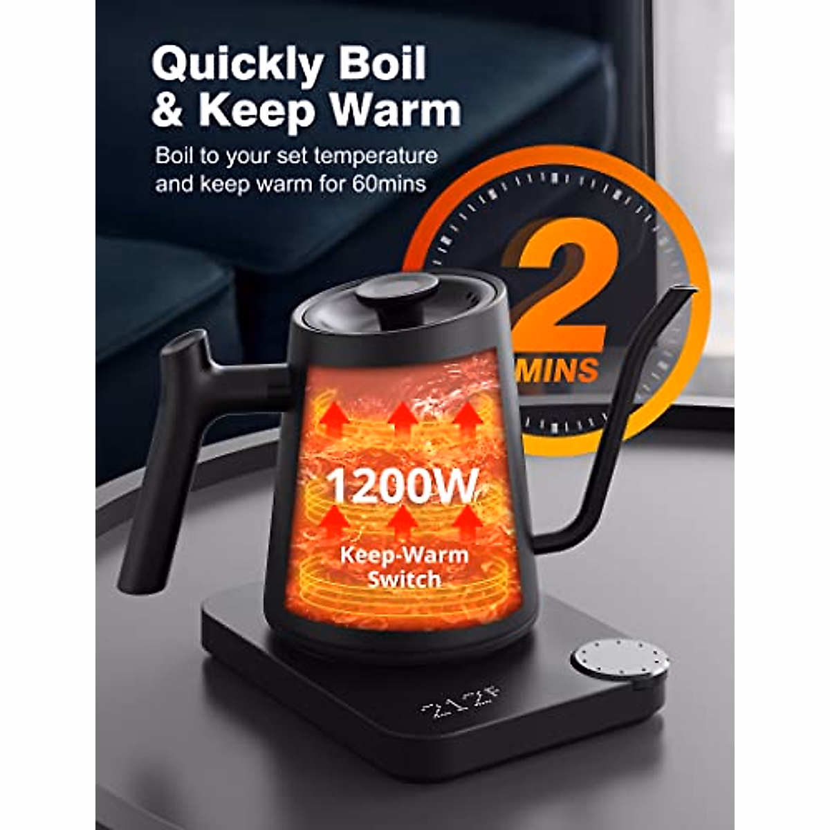 JIANW Gooseneck Electric Pour-Over Kettle, Temperature Variable Kettle for Coffee Tea Brewing, 0.9L Quick Heating Stainless Steel Holding, Built-in Stopwatch,Black