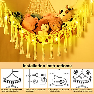 Stuffed Animal Net or Hammock with LED Light Macrame Stuffed Animal Storage Organizer Plush Animal corner Storage Doll Teddy Bear Hammock for Wall Bedroom Living Boho