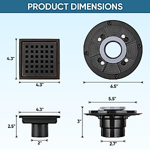 TICONN 4'' Square Floor Shower Drain, Lattice Square Perforated Pattern Easy Cleaning Removable Grate, Rustproof SUS 304 Stainless Steel (Oil Rubbed Bronze, 4'')
