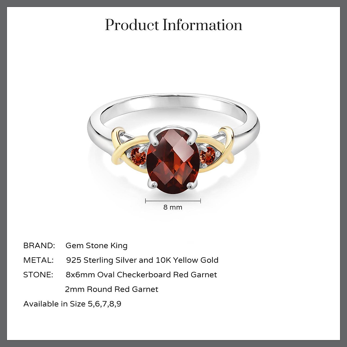 Gem Stone King 925 Silver and 10K Yellow Gold Oval Checkerboard Red Garnet Ring For Women (1.63 Cttw, Gemstone Birthstone, Available In Size 5, 6, 7, 8, 9)