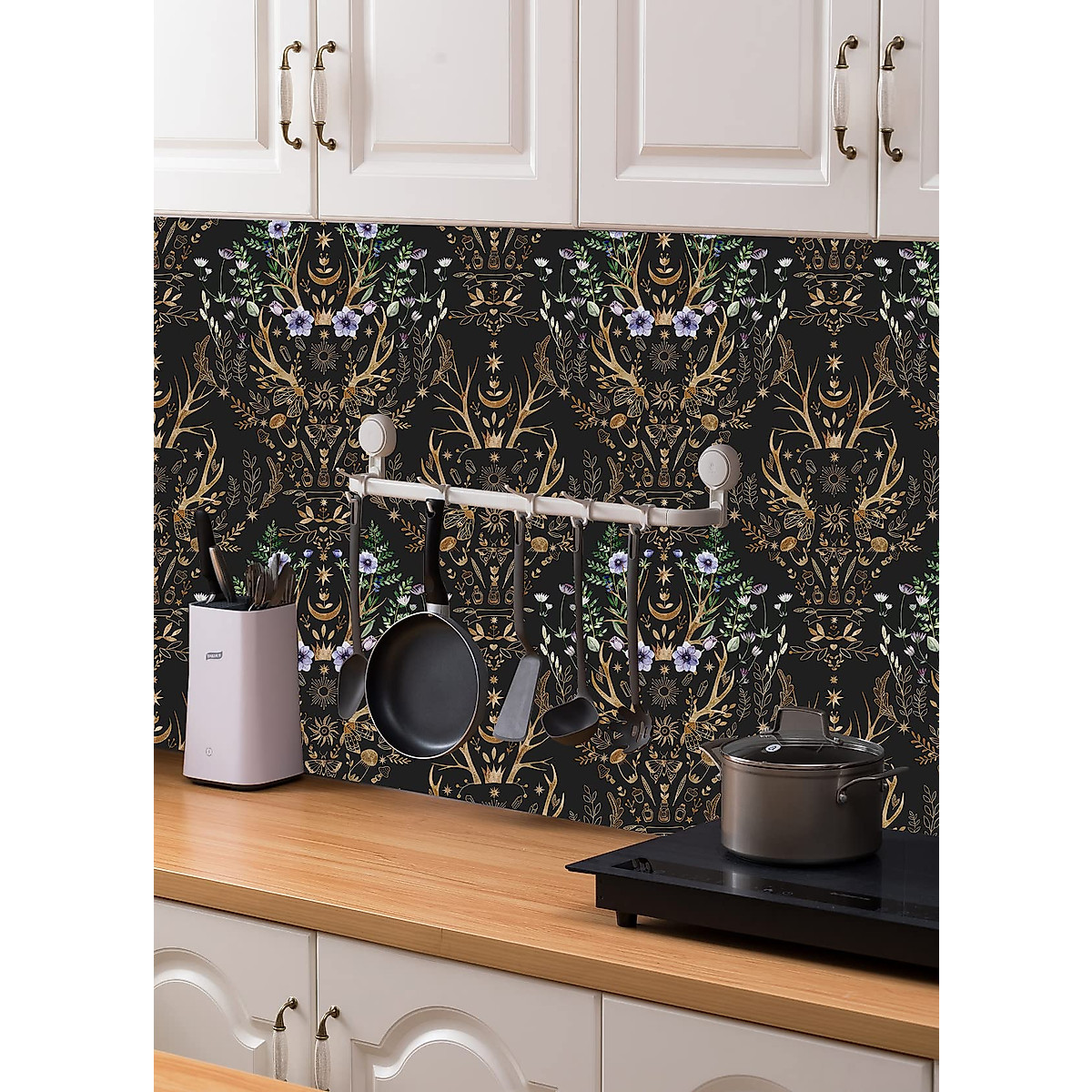 HAOKHOME Gothic Wallpaper Peel and Stick Retro Floral Damask Bronze/Black/Purple Witchy Wall Decor Bathroom Removable Mural 17.7in x 9.8ft