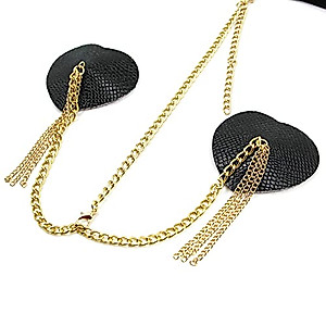 ZGMYC PU Leather Metal Chain Nipple Cover with Choker, Reusable Heart-shaped Pasties Bra Sexy Bondage Body Chain Black