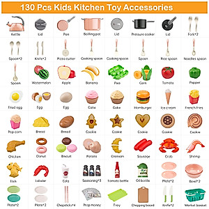 Funpynani 130Pcs Kitchen Playset, Toddler Pretend Cooking Play Pots, Pans, Utensils Cookware, Daily Food Fruit Veges, Shopping Storage Basket, Dessert, Prop Money, Learning Gift for Child (Pink)