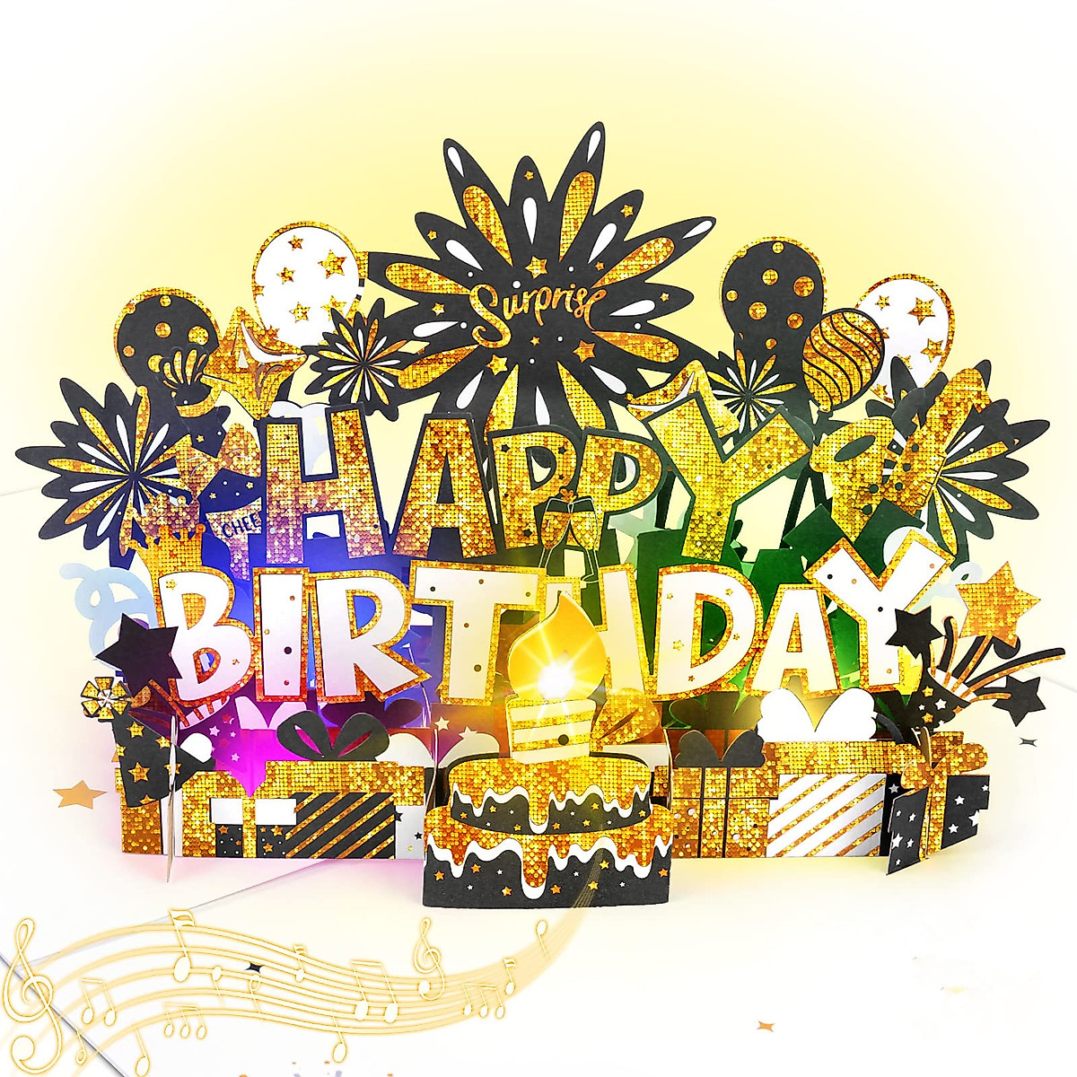 BYKOOO Birthday Card | Musical Pop Up Birthday Cards w Light | Blow Out LED Light Candle & Play Happy Birthday Music Pop Up Card | Greeting Cards Gifts for Him or Her | Black Gold (Blowable Candle)
