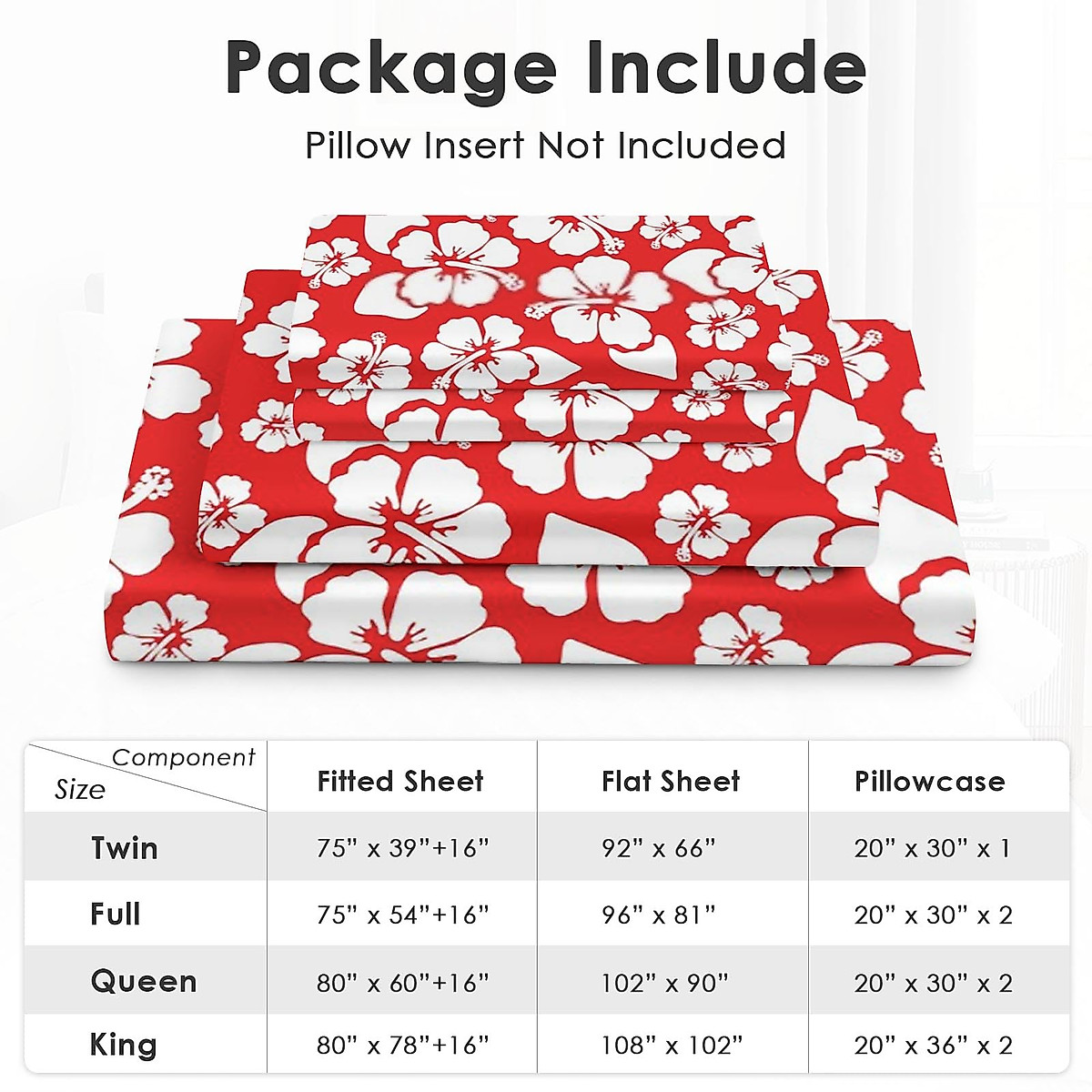 Pinbeam 4 Pcs Fitted Sheet Set Queen Size with Deep Pocket, Hibiscus Hawaiian Red Bedding Set with Pillowcase for Kids and Adults, Flower Hawaii Floral Flat Bed Sheet Set