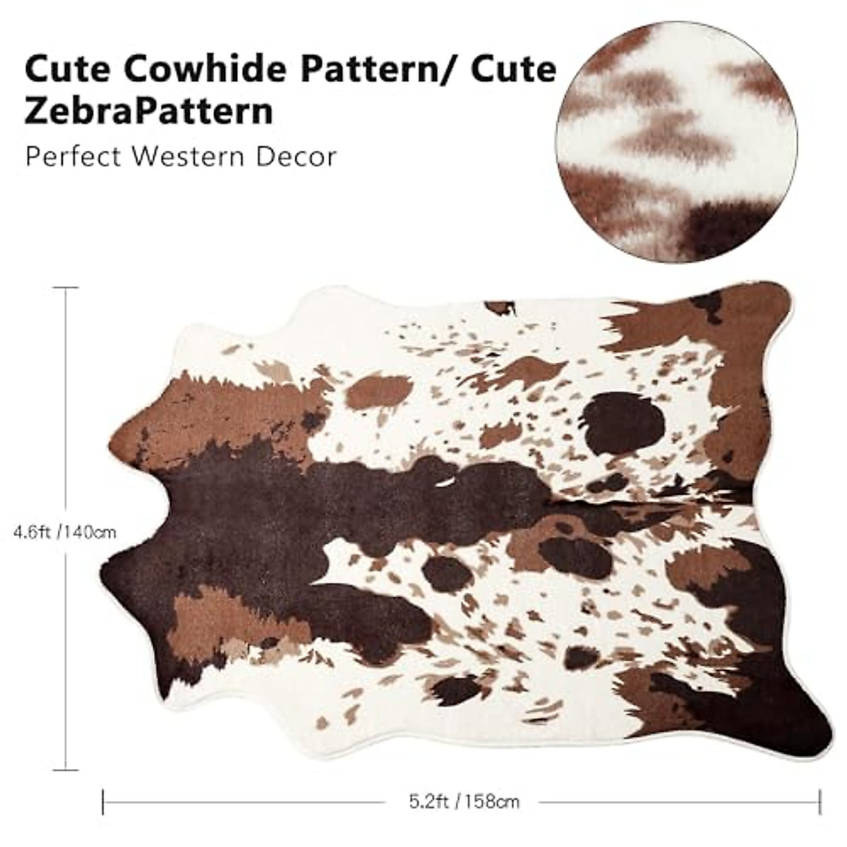 FALARK INC Premium Faux Cowhide Rug, 4.6ft x 5.2ft Cow Print Rugs for Living Room Bedroom, Cute Animal Print Carpet Western Home Decor Rug, Upgraded Non-Slip Soft Cow Skin Rugs, Brown and White