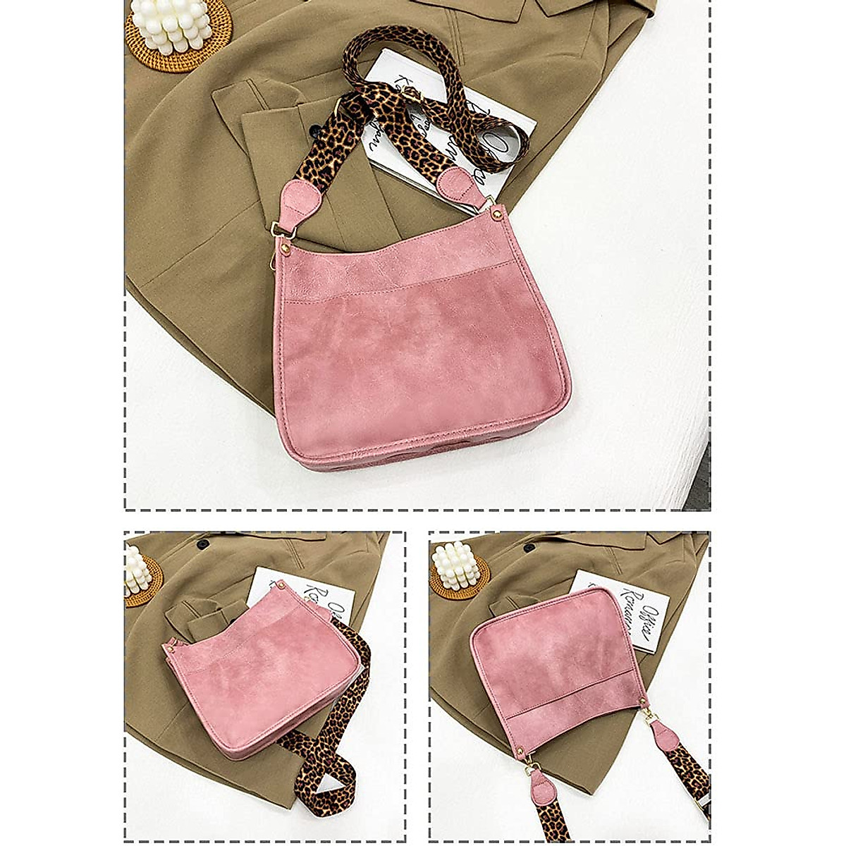 Vegan Leather Crossbody Bag Leopard Crossbody Purse Bags for Women Medium Size (Pink)