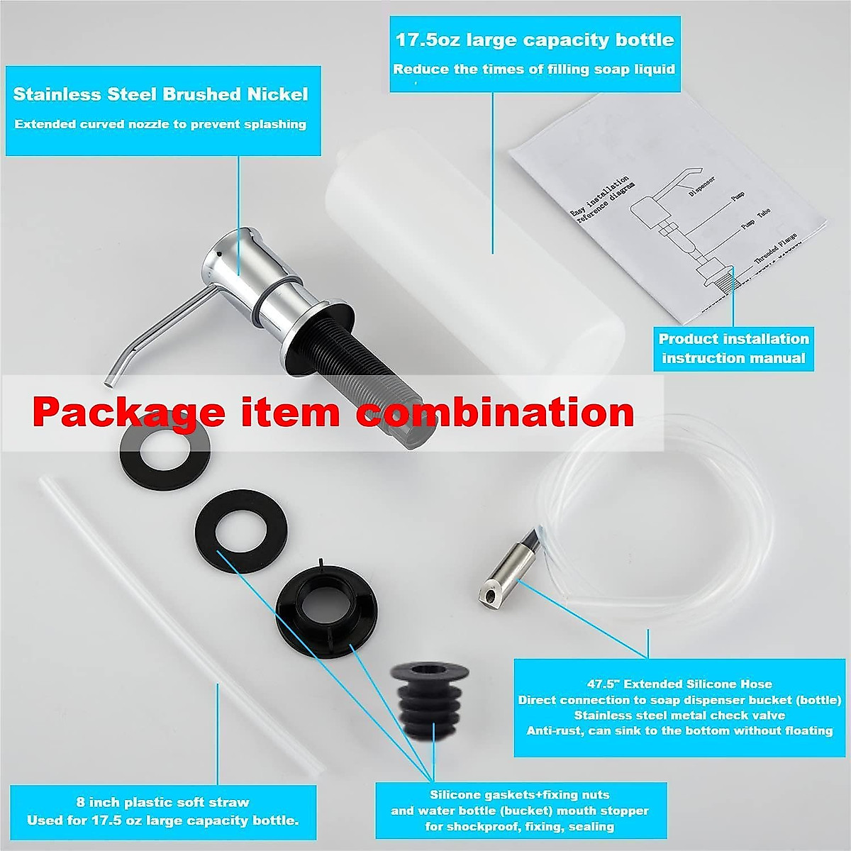 1 Pcs Sink Soap Dispenser Pump Set, Built-in Soap Dispenser for Kitchen Sink, Countertop Under Sink Soap Dispenser with 47in Extension+3.2in Spout+17oz Bottle,Longer Thread Shaft,Without Large Bottle