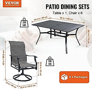 VEVOR 7 Pieces Patio Dining Set, Outdoor Furniture Table and Swivel Chairs Set, All Weather Garden Furniture Table Sets, Iron Patio Conversation Set with Umbrella Hole, For Lawn, Deck, Backyard, Black