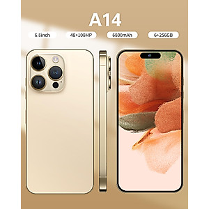 ExAchat A14 Pro Max 5G Unlocked Smartphone - 6GB+256GB Fully Unlocked Cell Phone for Android 13, 6.82" Unlocked Cell Phone, 6800mAh, 48MP Front Camera+108MP Main Camera (Gold)