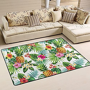 VIGTRO Tropical Pineapple Floral Area Rug 36×24in Spring Palm Fronds Floor Carpet Non-Slip Indoor Door Mat for Kitchen Hallway Living Room and Bedroom Area