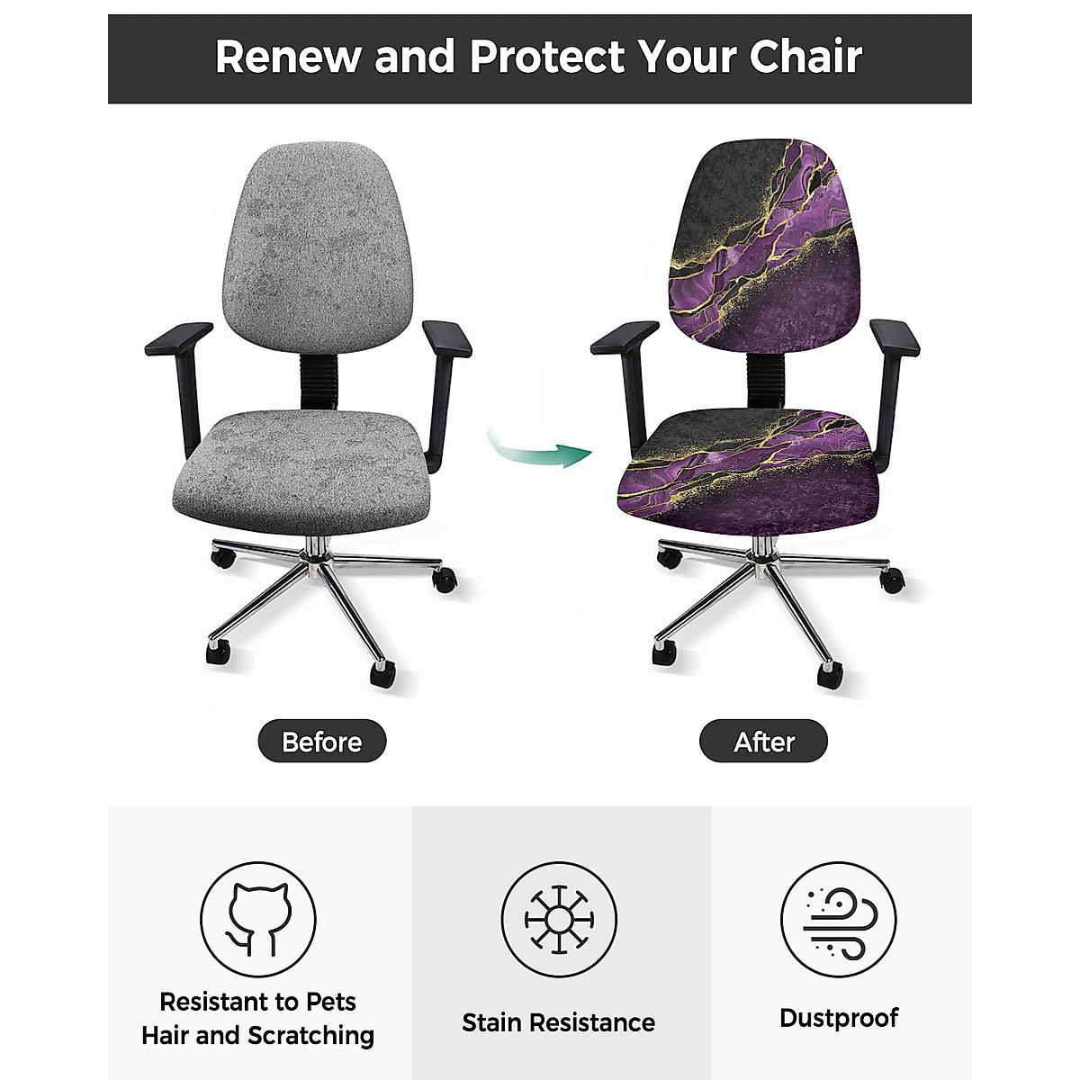 Marble Purple 2 Pieces Computer Office Chair Covers Set, Stretchable Desk Rotating Chair Seat Cushion Slipcover Back Covers, Decorative Protectors Cover Abstract Modern Minimalist Black Gold