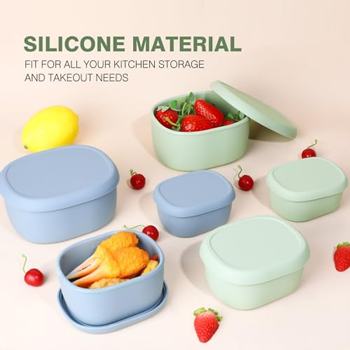 mwellewm 6 Pcs Silicone Food Storage Containers with Lids, Nesting Silicone Snack Box Containers Set Reusable Airtight Dishwasher and Freezer Safe Carry(6.7oz, 10oz, 20oz) - Green and Blue