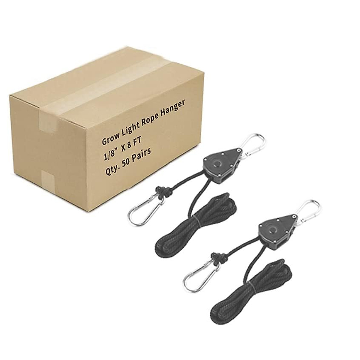 OneChoi Grow Light Rope Hanger 50Pairs，1/8" 8-Feet Long Heavy Duty Adjustable Rope Clip Hanger, Adjustable Rope Ratchet Hangers 150 Lbs per Pair Used with Grow Light, Grow Bags