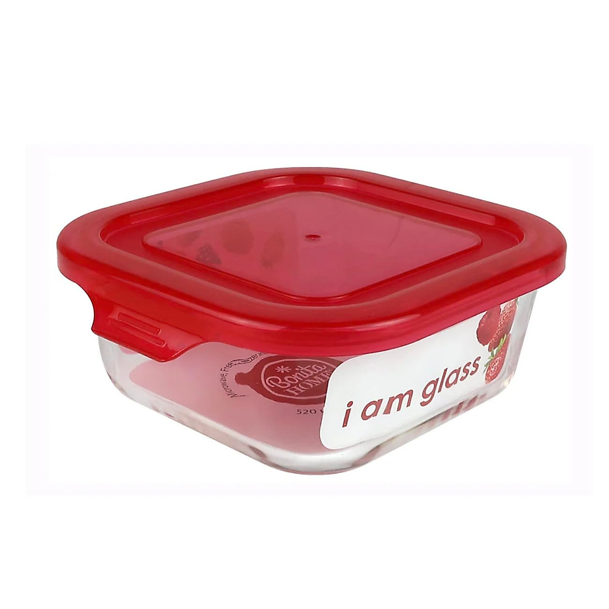 Bonita Home Square Glass Storage Container, Stackable BPA Free Airtight Seal Food Containers with Lids, Meal Prep Kitchen Organization and Storage, 5"x5" x 2.5", 17.6oz, 0.52L, 4 Pack, Red (New Lid)
