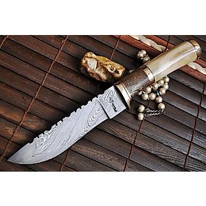 Perkin - Custom Handmade Damascus Hunting Knife - Bone & Burl Wood Handle