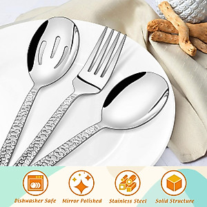 HaWare Hammered Serving Utensils Set, 6-Piece Stainless Steel Square Hostess Serving Set include Serving Spoon, Fork, Slotted Spoon for Party Buffet Banquet Catering, Mirror Polished, Dishwasher Safe