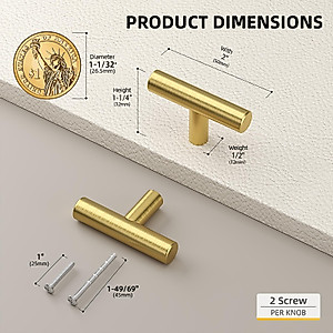 goldenwarm 10 Pack Gold Cabinet Knobs Brushed Brass Drawer Knobs Gold Dresser Hardware - LS201GD Single Hole Handles for Kitchen Cupboard Doors Closet Hardware 2in Overall Length