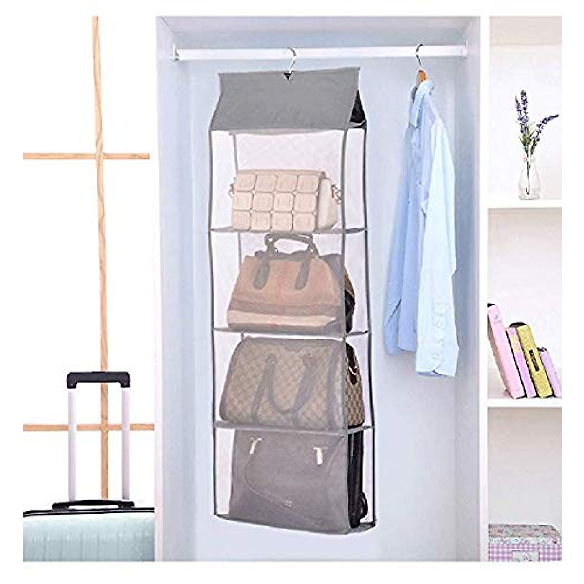 Detachable 4 Compartment Organizer Pouch Hanging Handbag Organizer Clear Purse Bag Collection Storage Holder Wardrobe Closet Space Saving Organizer (Gray)