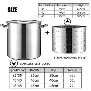 AIZYR 27Qt/45Qt/63Qt Stainless Steel Stock Pot Commercial Heavy Duty Turkey Deep Fryer Crawfish Clam Steamer with Strainer Basket for Soup, Broth & Stock, Chili Casserole,40cm/15.7inch