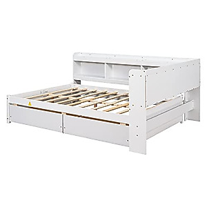 DEINPPA Full Size Platform Bed with L-Shaped Bookcase and 2 Drawers, Wooden Captain Bed Frame with Bookcase Headboard for Kids Teens Adult Boys Girls, No Box Spring Needed, White