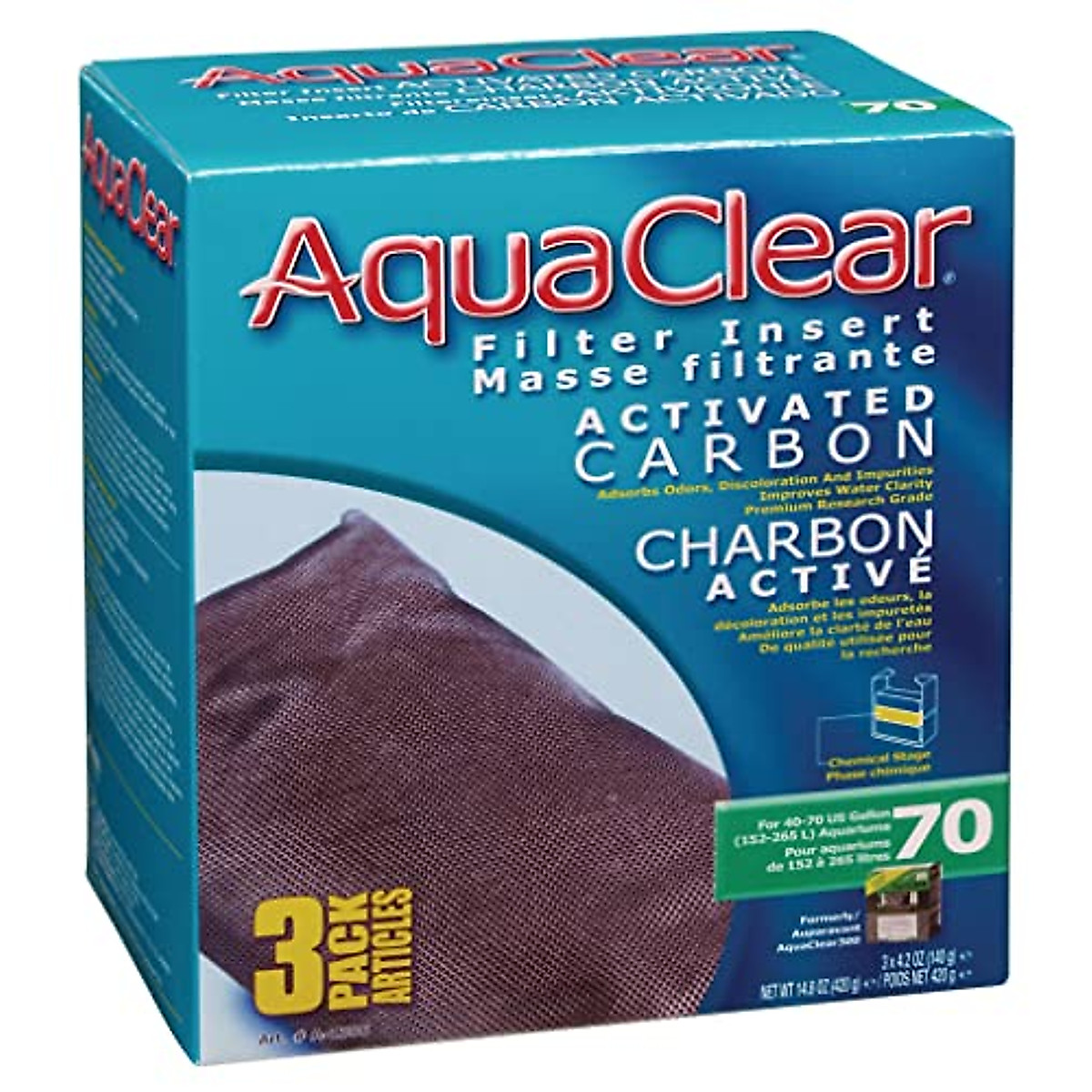 AquaClear 70 Filter Media for Aquariums up to 70 Gallons, 3-Pack Activated Carbon Inserts and 3-Pack Foam Inserts, Replacement Filter Media