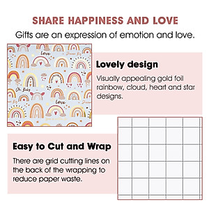 Afucus Boho Rainbow Wrapping Paper, Gold Foil Rainbow, Clouds, Hearts and Stars Themed Gift Wrap Paper, Cute Mini Rolls for Birthday, Baby Shower, Boy, Girl, Kids (17 Inch X 33 Feet)