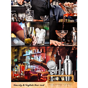 Bartender Kit, TNCO Cocktail Shaker Set with Stand,Bar Set Drink Mixer Set with All Essential Bar Accessory,Martini Mixer Cup with Muddler,Jigger, Strainer,Ice Tongs,Spoon,Liquor Pourers,Ice Filter