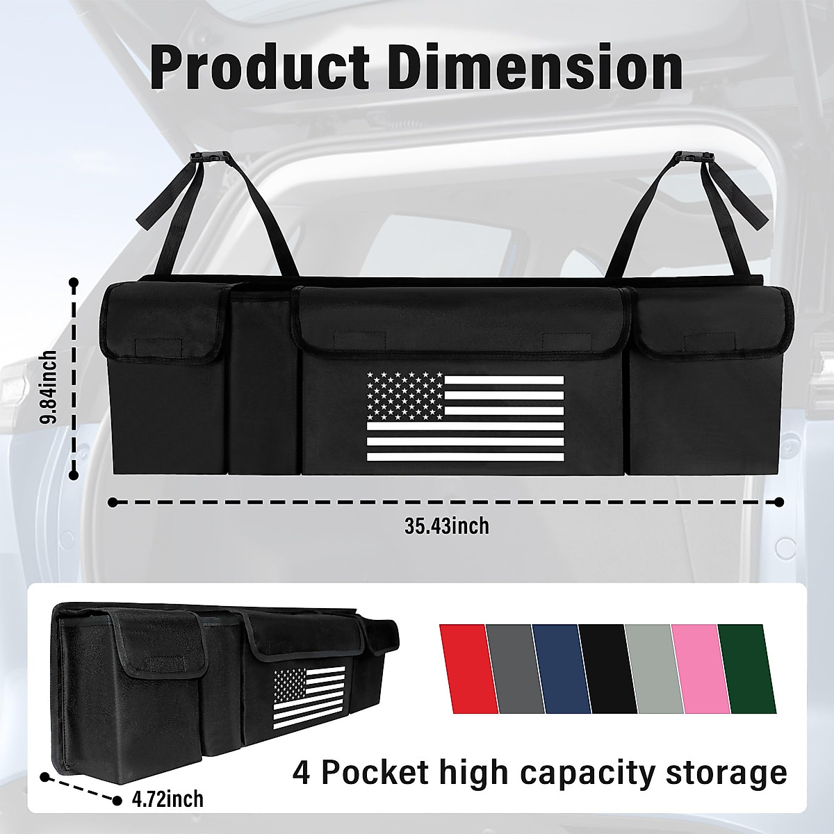 Turcee Car Trunk Organizer,Large Capacity Car Storage Organizer with US Flag Design,Hanging Foldable Car Organizers and Storage Car Interior Accessories (Black)