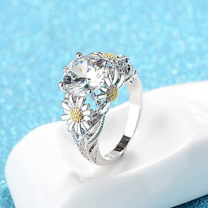 THJEW Womens Round Cut CZ Cubic Zirconia Ring,S925 Sterling Silver Dainty Cute Blooming Daisy Flower Floral Ring Jewelry for Women (Ring_C, 6)