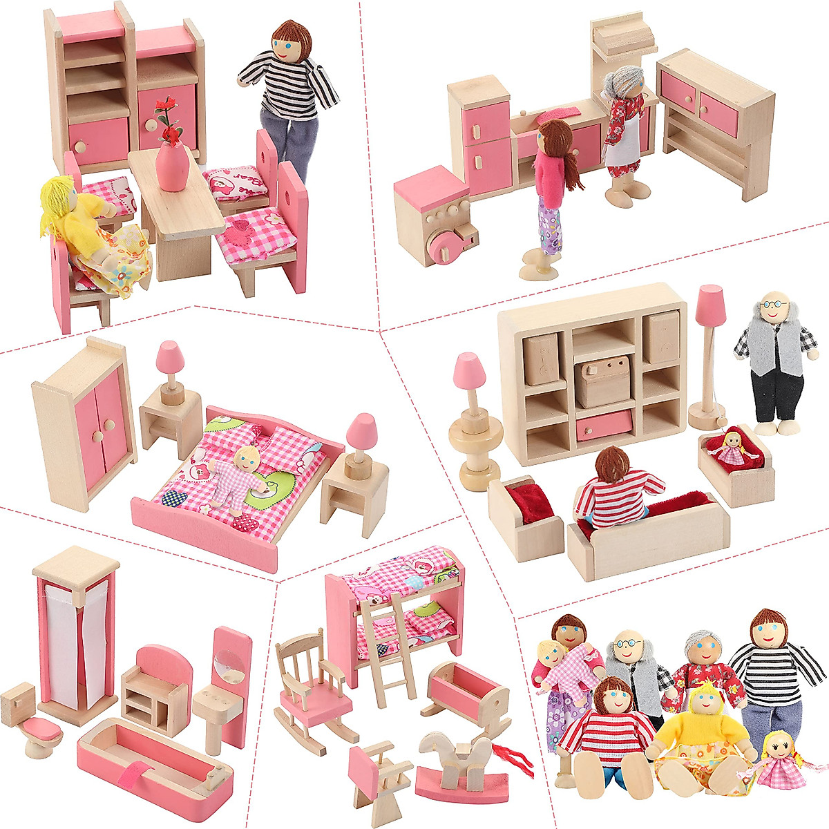 Wooden Dollhouse Furniture Doll House Furnishings with 8 Pieces Winning Doll Family Set, Dollhouse Accessories for Miniature Dollhouse, Family Figures Imaginative Play Toy (Lovely Style)