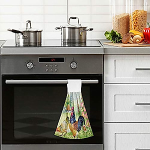 Alaza 2 Pcs Kitchen Towel, Watercolor Farm Bird Rooster Absorbent Towel Hanging Towel Hand Towel