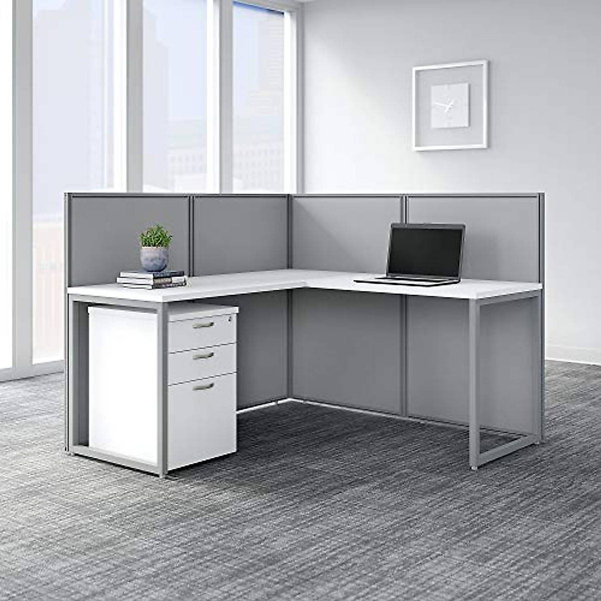 Bush Business Furniture Easy Office L Shaped Cubicle Desk with File Cabinet, 60W x 45H, Pure White