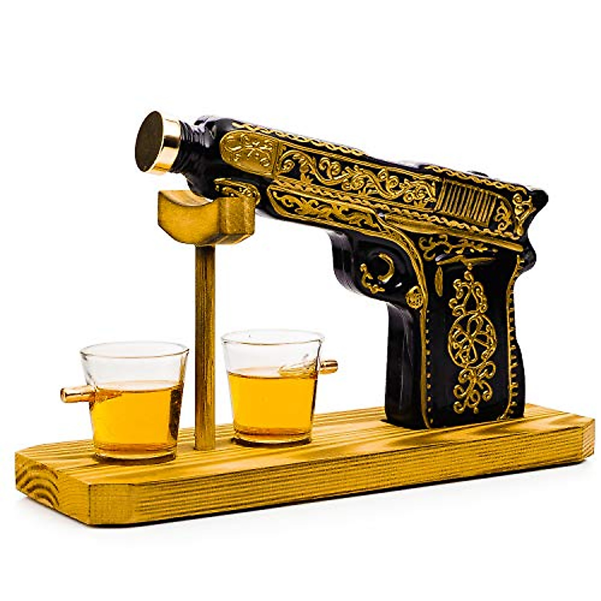 Hand Painted Pistol Whiskey & Wine Decanter by The Wine Savant - Pistol Whiskey Gun Decanter & 2 Bullet Shot Glasses - Military Gifts, Veteran Gifts, Law Enforcement Gifts, Home Bar Gifts, Drinking