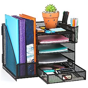 BainGesk Desk Organizers and Accessories, Desk Organizer with File Holder, 5-Tier Paper Letter Tray Organizer with Drawer and 2 Pen Holder, Mesh Desktop Organizer and Storage for Office Supplies