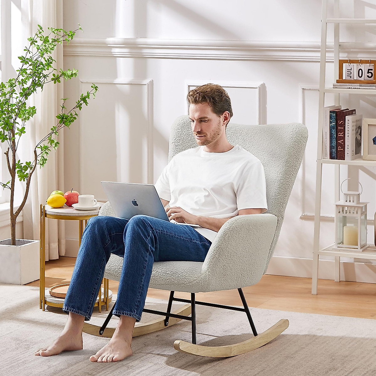 VECELO Rocking Chair, Modern Nursery Upholstered Glider Rocker Padded Seat with High Backrest Armchair with Pocket for Living Room, Bedroom, Offices, Balcony, White