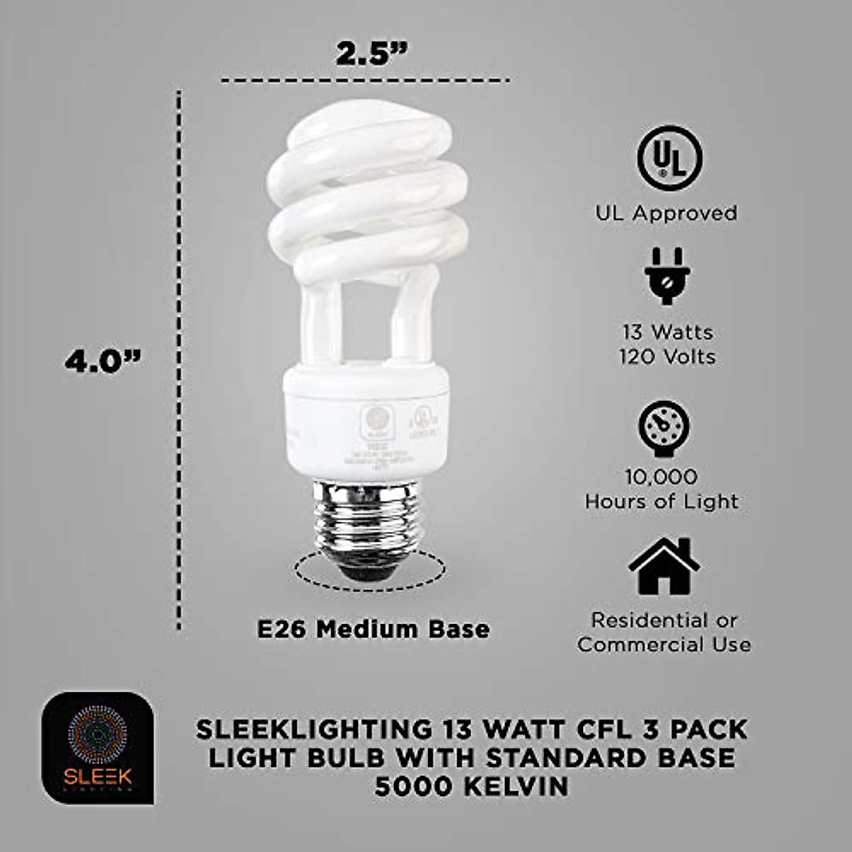 SLEEKLIGHTING E26 Standard Screw Base 13Watt CFL Light Bulb - 3 Pack, 5000 Kelvin for Pure White Daylight and 800 Lumens (65 Watt Incandescent Light Bulb Equivalent) - UL Listed