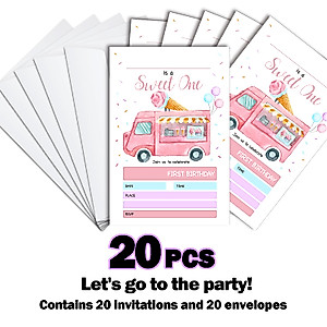 Ice Cream Truck Birthday Party Invitations is a Sweet One 1st Birthday Party Invitation, Summer Ice Cream Theme Fill in Invites Cards, Birthday Party Supplies, 20 Invitations with Envelopes - JY700