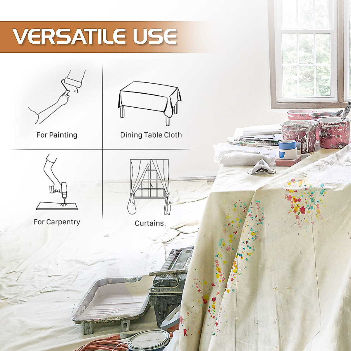 Utopia Drop Cloth for Painting (9x12 ft, 1 Pack) Washable and Reusable Canvas Fabric for Furniture & Floor Protection Highly Absorbent Paint Cover - Duck Dropcloth for Outdoor and Indoor Use