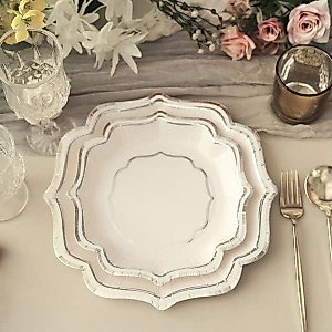 Tableclothsfactory 25 Pack | White/Silver 8" Scallop Rim Dessert Party Paper Plates, Disposable Appetizer Salad Plates - 300 GSM